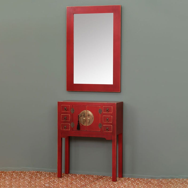 Venta de consolas de 2 puertas y 6 cajoneras de color rojo.